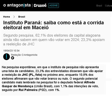 O Antagonista cita pesquisa realizada pela Paraná Pesquisas Paraná