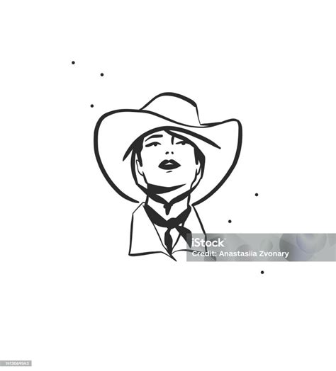 손으로 그린 추상 벡터 그래픽 클립 아트 일러스트 보호 카우걸 모자 초상화 서양 여성 디자인 개념 보헤미안 야생 서부 현대 미술 카우보이 소녀 현대 그림 미국 카우걸 로고