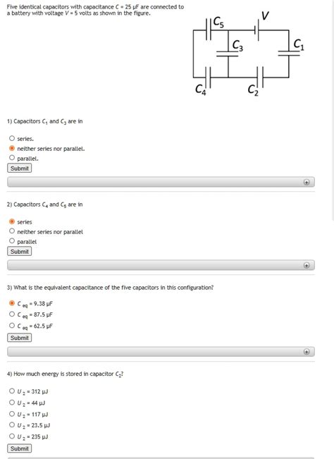Five Identical Capacitors With Capacitance 25 Pf Are Connected To Battery With Voltage Volts