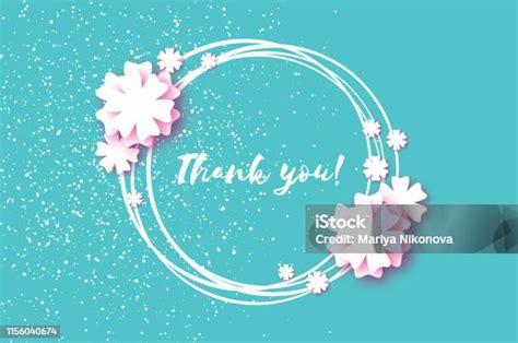 귀여운 감사 종이 컷 카드 종이 접기 꽃 파란색 배경입니다 텍스트의 정사각형 프레임입니다 벡터 0명에 대한 스톡 벡터 아트 및