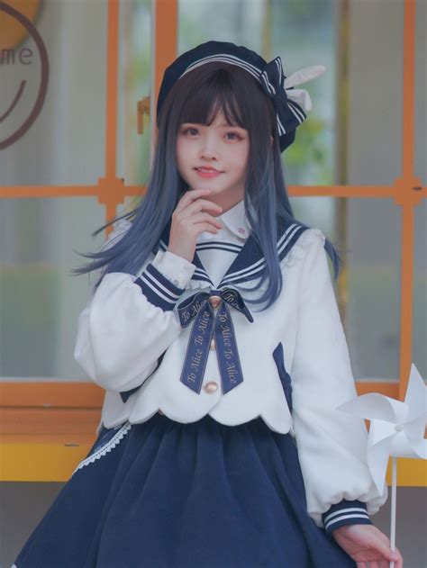 Dark Blue Sailor Collar White Bunny Ears Woolen Top Scalloped Edge Trim