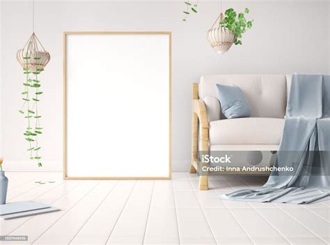 소파와 식물 벽에 포스터 프레임 모형 포스터와 흰색 소파 스칸디나비아 스타일의 3d 렌더링현대 거실 인테리어 디자인 0명에 대한 스톡 사진 및 기타 이미지 Istock