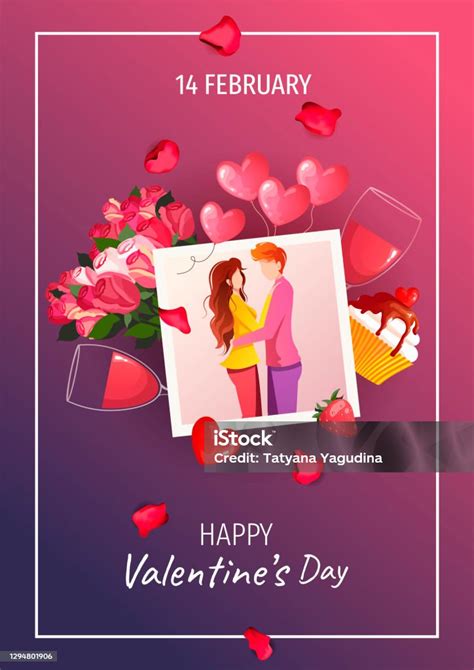 커플의 사진과 함께 해피 발렌타인 데이 프레임 배너 디자인 컵케이크와 꽃과 하트 풍선이 있는 와인 잔 A4 용지에 대한 스톡