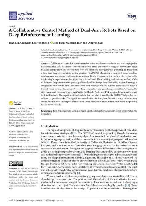 Pdf A Collaborative Control Method Of Dual Arm Robots Based On Deep