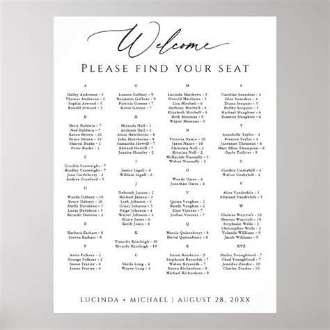 Alphabetical Seating Chart For 100 Guests Alphabetical Classic