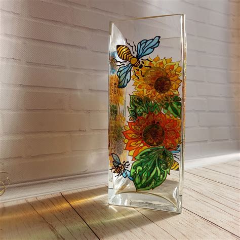 Tall Stained Glass Vase 1044 In 261010 Cm Sunflowers Etsy