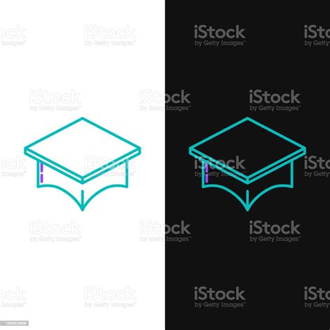 흰색과 검은색 배경에 격리된 라인 졸업 캡 아이콘입니다 태슬 아이콘졸업 모자 다채로운 개요 개념 벡터 공부에 대한 스톡 벡터