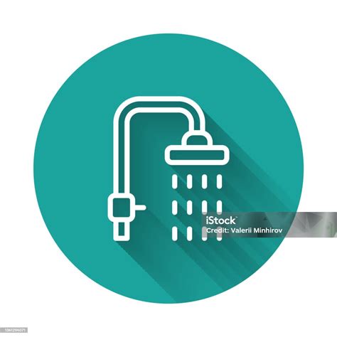 긴 그림자 배경으로 고립 된 물 방울이 흐르는 흰색 라인 샤워 헤드 녹색 원 버튼입니다 벡터 가정의 방에 대한 스톡 벡터 아트 및 기타 이미지 Istock