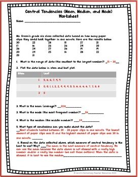 Central Tendencies Mean Median And Mode Worksheet With Answer Key