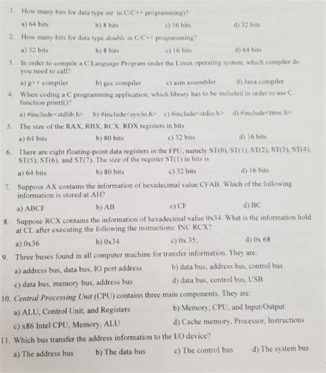 Solved 1 How Many Bits For Data Type Int In Cc