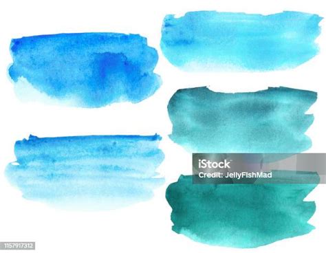 수채화 얼룩 세트 흰색 배경에 있는 지점입니다 브러시 스트로크가 있는 수채화 텍스처 블루 청록색 바다 하늘 격리 벡터 수채화에 대한 스톡 벡터 아트 및 기타 이미지 Istock