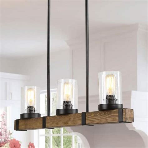 Lnc 3 Light Rustic Farmhouse Black Pendant Modern Solid Wood Linear