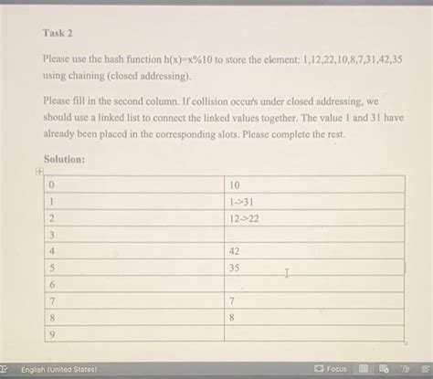 solved task 2 please use the hash function h x x 10 to
