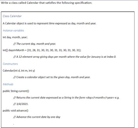 Solved Write A Class Called Calendar That Satisfies The Chegg