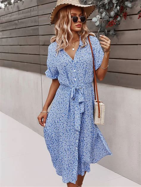 Shein Holidaya Ditsy Floral Tie Front Button Through Dress Shein Uk