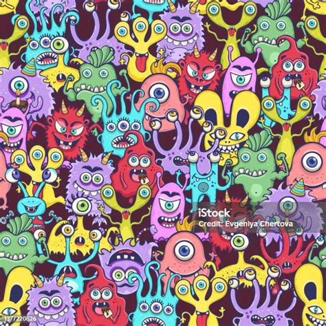 귀여운 괴물 원활한 패턴 재미있는 만화 캐릭터 낙서 인쇄 패션 패브릭 섬유 디자인 보라색 배경에 쾌활한 밝은 화려한 다양한 요정 생물 벡터 일러스트레이션 몬스터에 대한 스톡