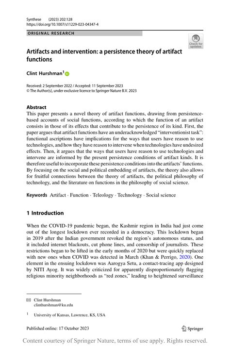 Artifacts And Intervention A Persistence Theory Of Artifact Functions