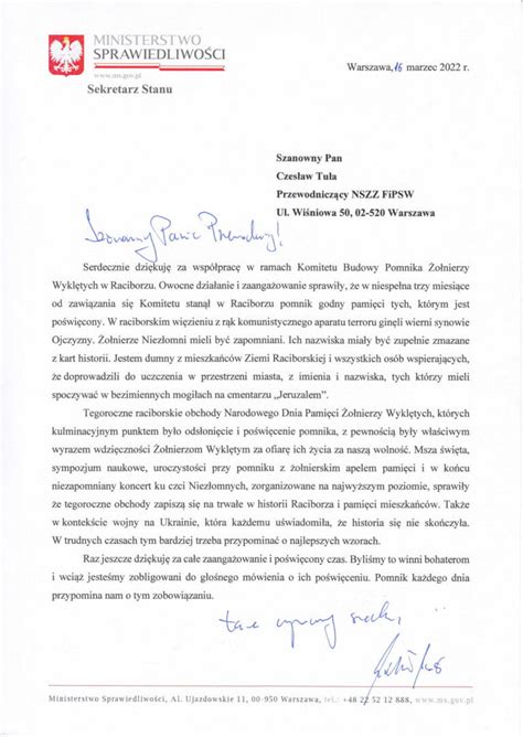 Pismo Wiceministra Sprawiedliwości skierowane do Przewodniczącego
