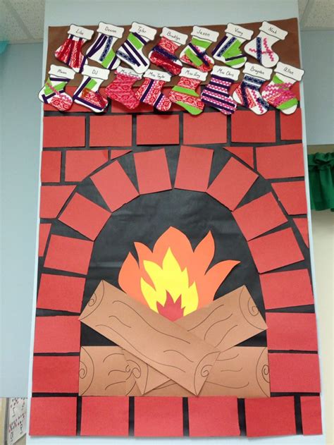 Winter Classroom Fireplace With Stockings Decorated With Strips Of