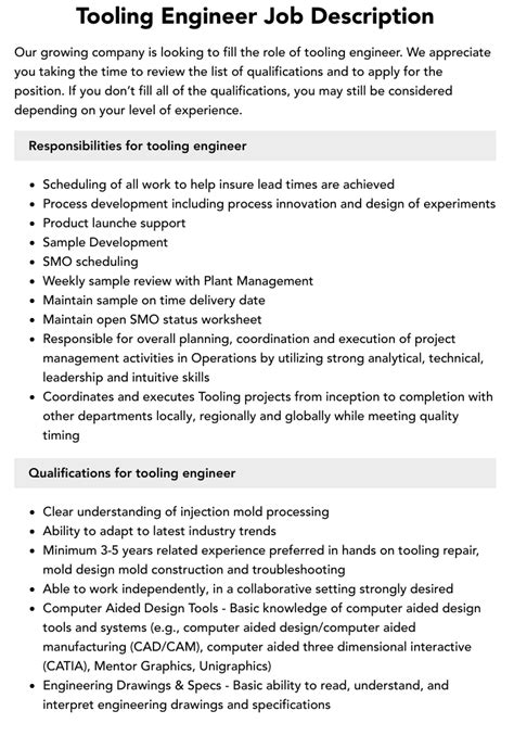 Tooling Engineer Job Description Velvet Jobs
