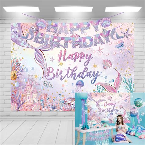 Amazon.com : Mermaid Birthday Backdrop and Happy Birthday Banner 7x5FT ...