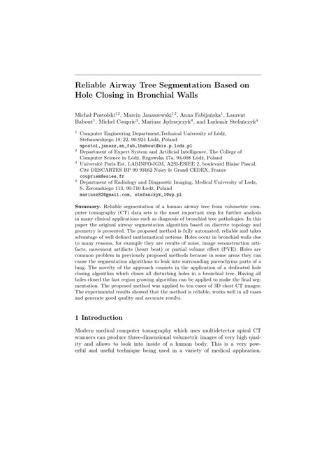 Pdf Reliable Airway Tree Segmentation Based On Hole Closing In Bronchial Walls