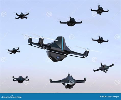 Swarm Of Security Drones With Surveillance Camera Flying In The Sky