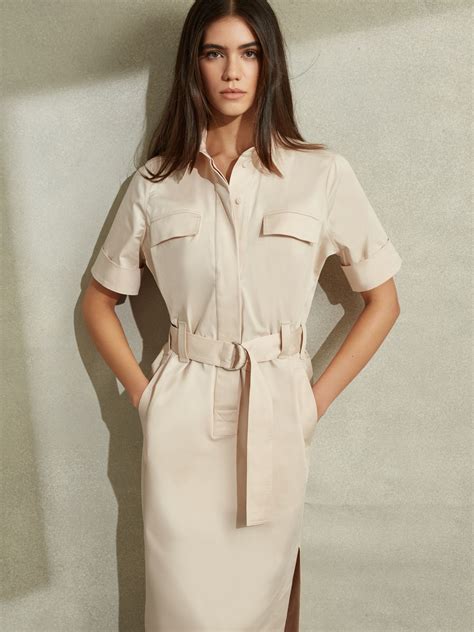 Reiss Cotton Blend Utility Belted Midi Dress In Stone Reiss
