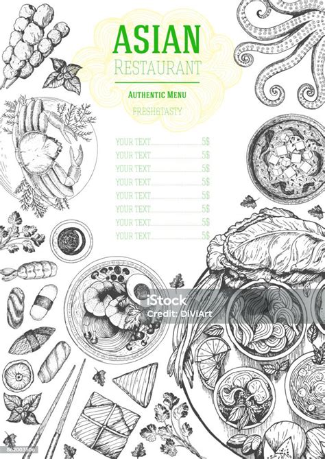亞洲菜頂視圖框架食品功能表設計與麵條 味噌湯 壽司和一整套傳統菜肴復古手繪素描向量圖向量圖形及更多泰國菜圖片 泰國菜 亞洲菜 中國