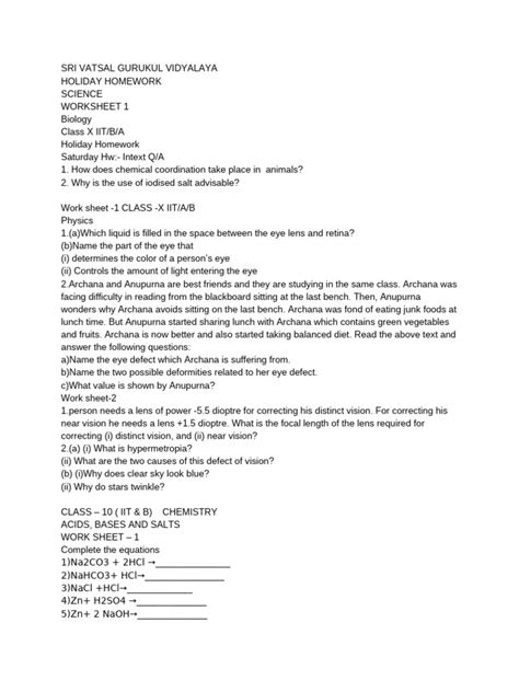 Class X Science Worksheet 1 1 Pdf