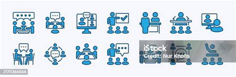 비즈니스 회의 아이콘 집합입니다 팀워크 회의 직장 세미나 교육 교실 인터뷰 토론 포럼 프레젠테이션 온라인 비디오 담화 그룹 토크를 포함합니다 벡터 일러스트 레이 션