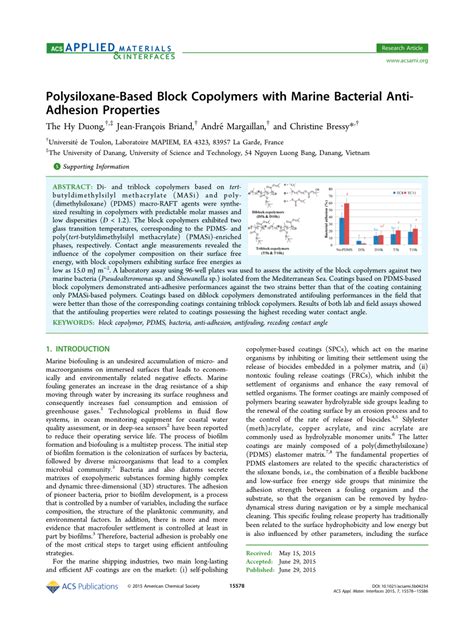 Pdf Polysiloxane Based Block Copolymers With Marine Bacterial Anti