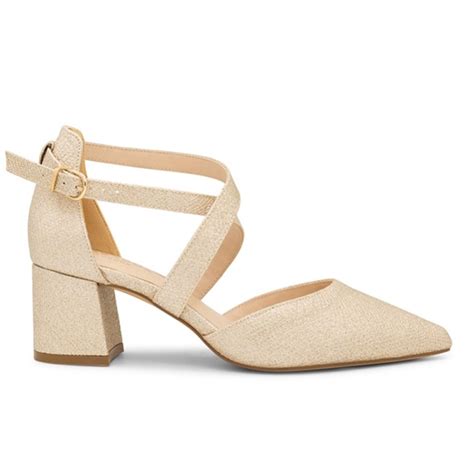 Farrah Champagne Glitter Wide Fit Cross Strap Block Heels