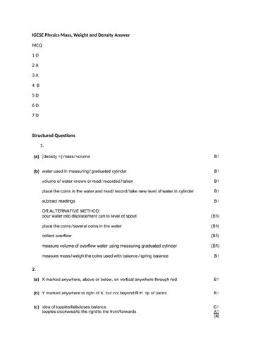 Revision Test Igcse Physics Mass Weight And Density And Answer Key