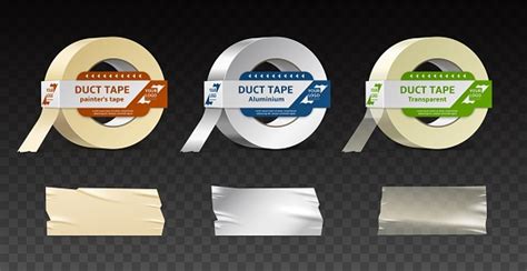 테이프 포장 디자인 다양한 색상 황금색과 은색의 자체 접착 장착 테이프의 사실적인 접착 롤 재료 투명도 옵션 빈 깨끗한 3d 요소 완전한 벡터 세트 0명에 대한 스톡 벡터