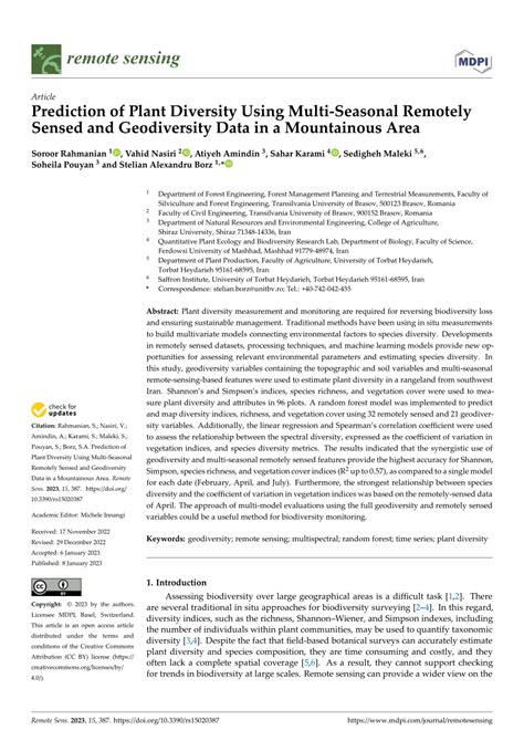 Pdf Prediction Of Plant Diversity Using Multi‑seasonal Remotely