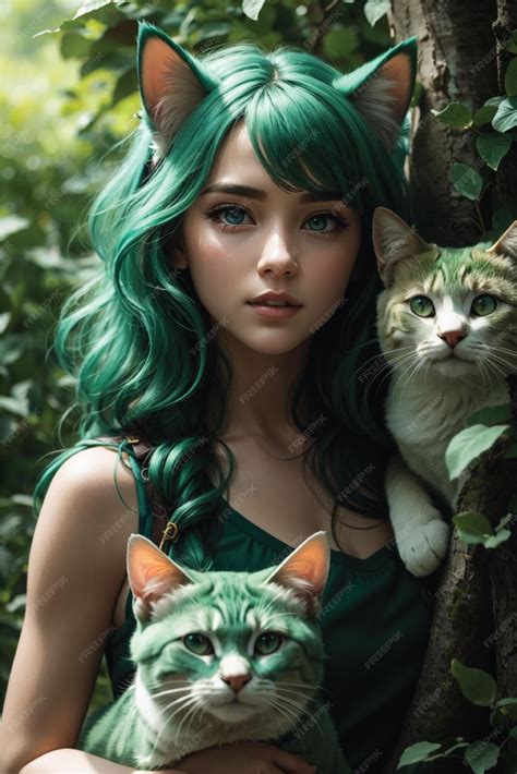 Premium Photo Girl Woman Green Hair With Tree Cats And Cat Ears Photorealism Realist Fantasy