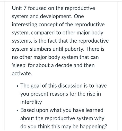 Solved Unit Focused On The Reproductive System And Chegg Com