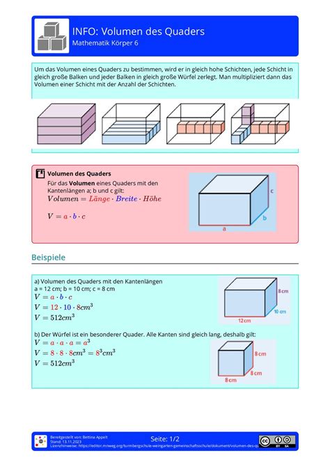Arbeitsblatt Volumen Des Quaders Mathematik Körper
