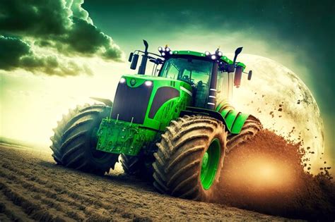 Premium Photo Green Powerful Agricultural Tractor Plows Field With
