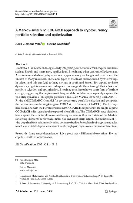 Pdf A Markov Switching Cogarch Approach To Cryptocurrency Portfolio Selection And Optimization