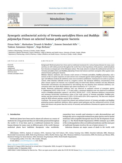 Pdf Synergetic Antibacterial Activity Of Vernonia Auriculifera Hiern And Buddleja Polystachya