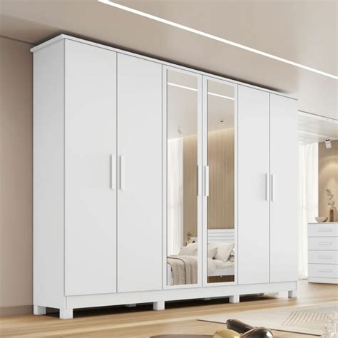Guarda Roupa Casal Espelho Em MDF 6 Portas Bianchi Nina Branco