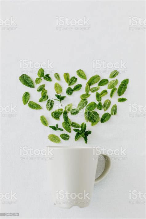 박하 잎 신선한 자르고 흰색 배경과 흰색 찻잔에 흩어져 건강 한 허브 차 집에서 만들기 톱 보기 절연 공간을 복사 합니다 0명에