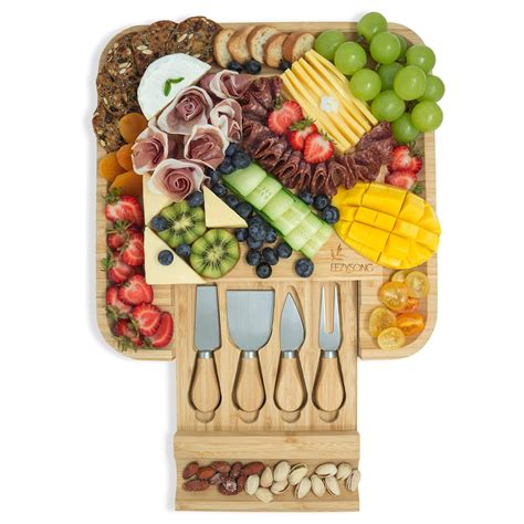 Bamboo Cheese Board And Knife Set Charcuterie Board With Utensil Cutlery Tool Storage Slide Out