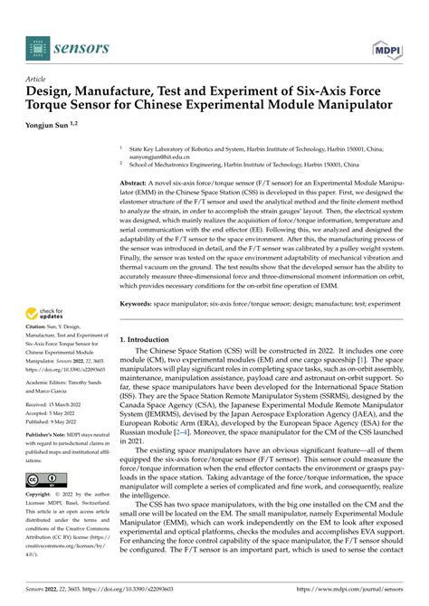 Pdf Design Manufacture Test And Experiment Of Six Axis Force Torque Sensor For Chinese