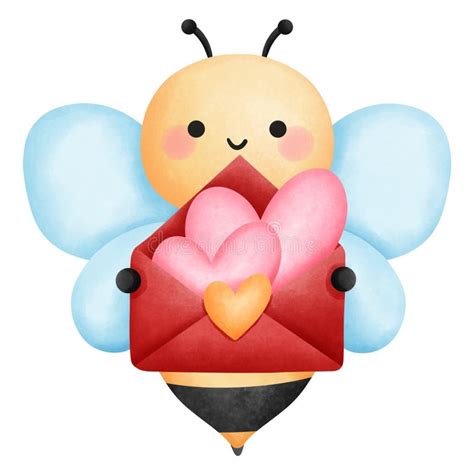 Little Bee Holding A Red Envelope With Pink Hearts Clipart Cute