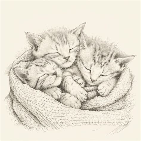Sleeping Kitten Trio Pencil Drawing On White Paper Artwork Premium AI Generated Image