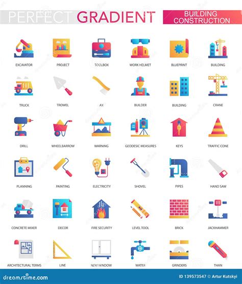 Vector Set Of Trendy Flat Gradient Building Architect Working Tools And Construction Icons
