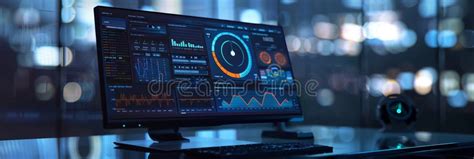 a futuristic computer monitor displaying an abstract network monitoring dashboard with swirling